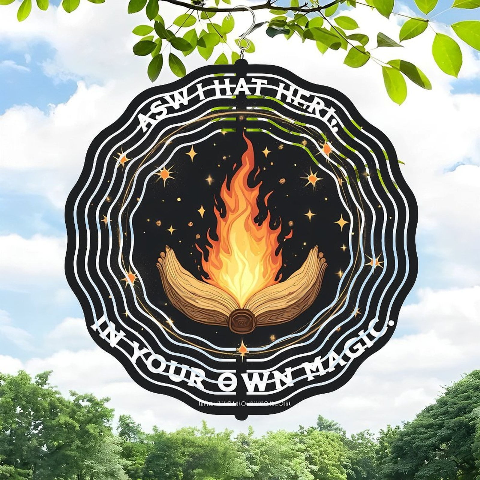 3D Metal Hanging Wind Spinner - Enchanting Book & Flame Design for Yard ...