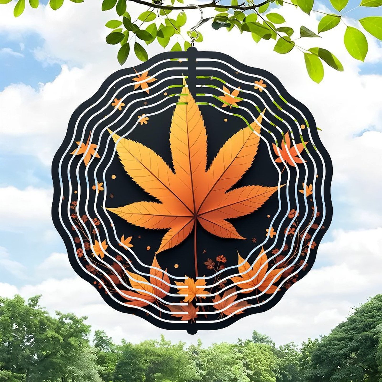 3D Metal Hanging Wind Spinner with Orange Leaf Design - Decorative Wind ...