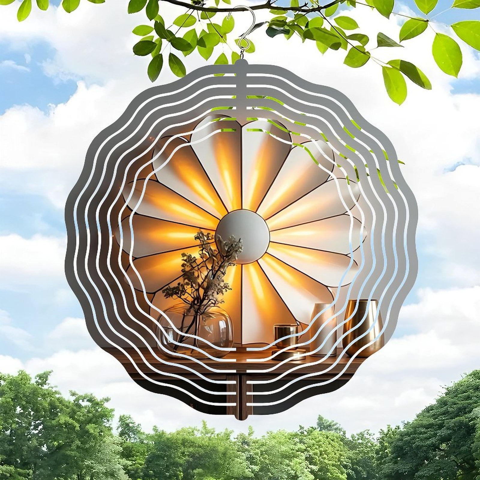 3D Metal Hanging Wind Spinners - Artistic Circular Design with Sun ...