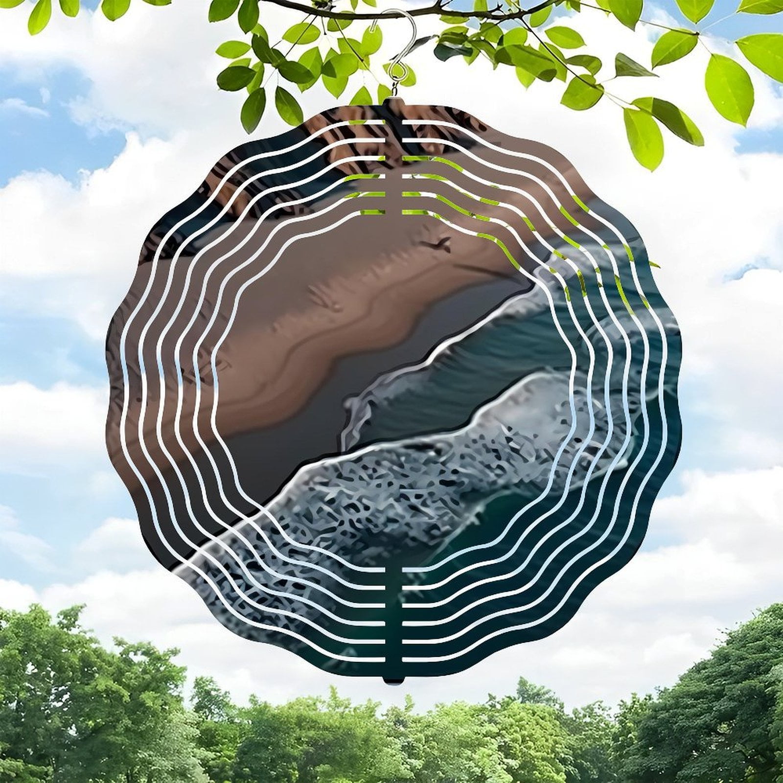 3D Metal Hanging Wind Spinners - Beach Scene Design with Waves Sandy ...