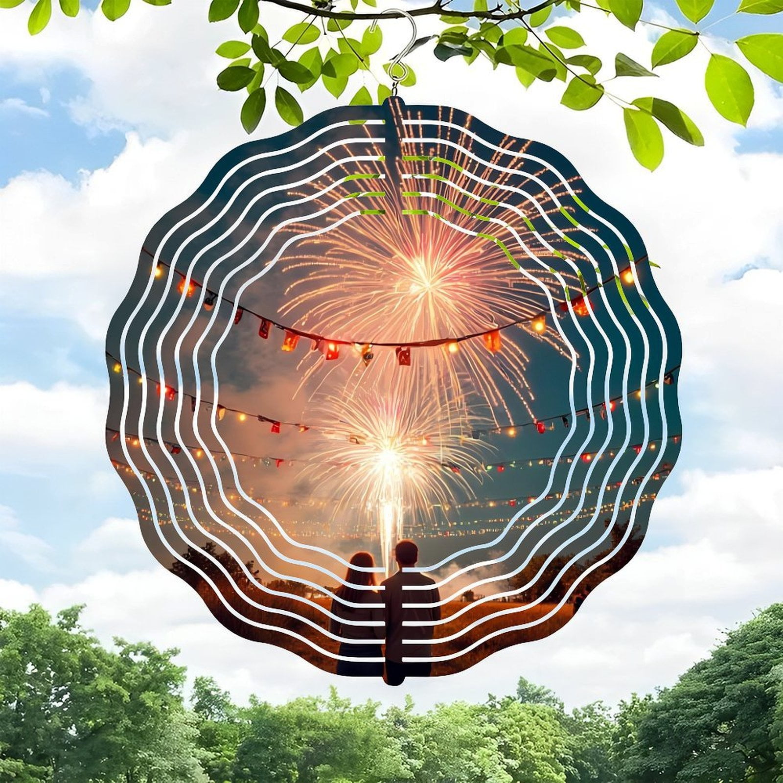 3D Metal Hanging Wind Spinners - Circular Frame with Wavy Pattern ...