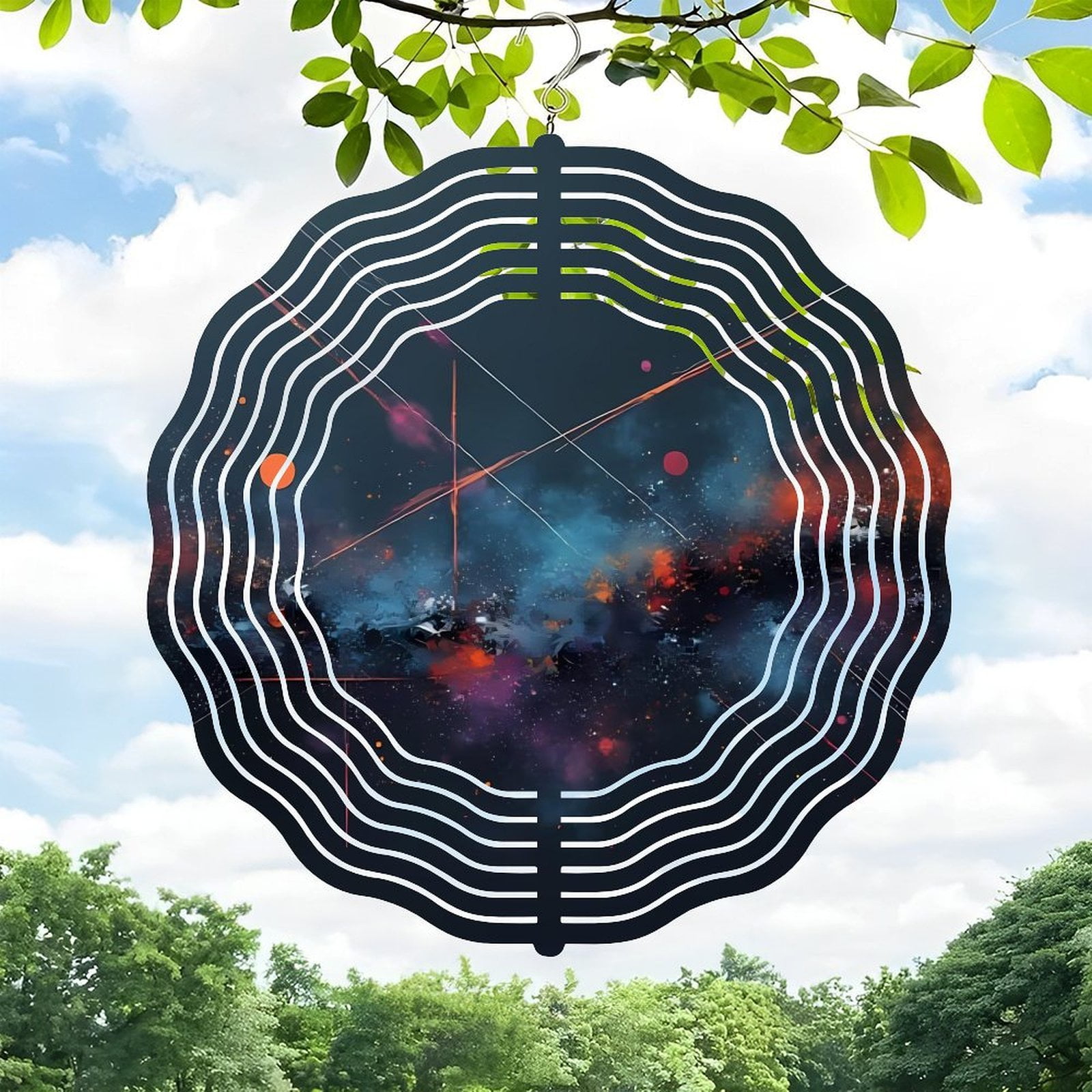 3D Metal Hanging Wind Spinners - Concentric Wave Design with Cosmic ...