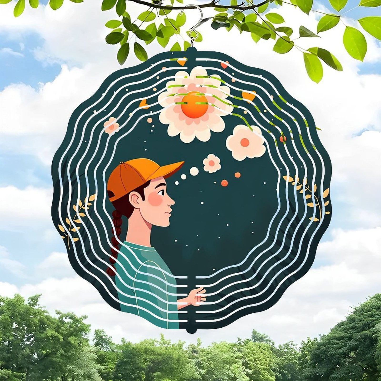 3D Metal Hanging Wind Spinners - Concentric Wave Design with Floral and ...