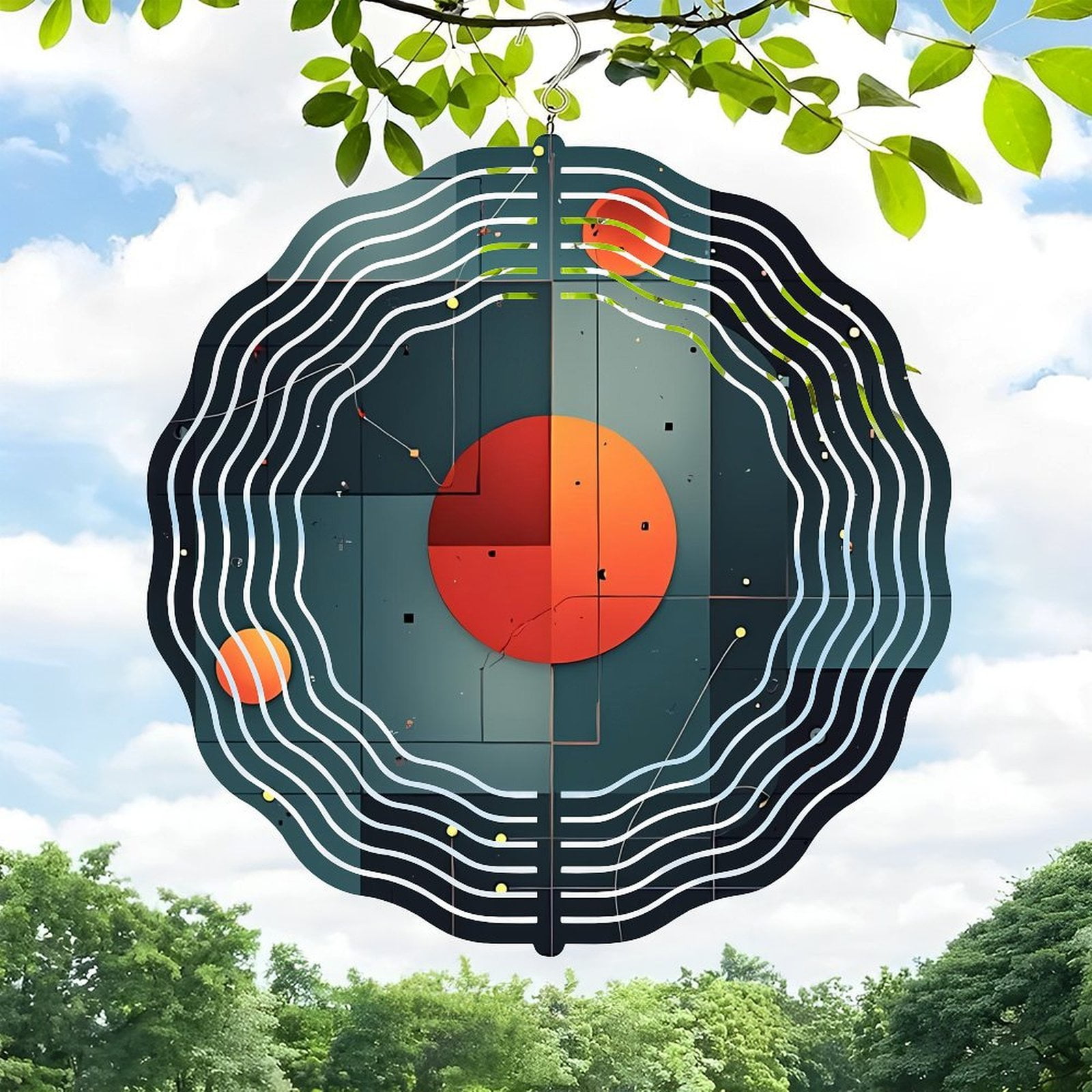 3D Metal Hanging Wind Spinners - Concentric Wave Design with Red Center ...