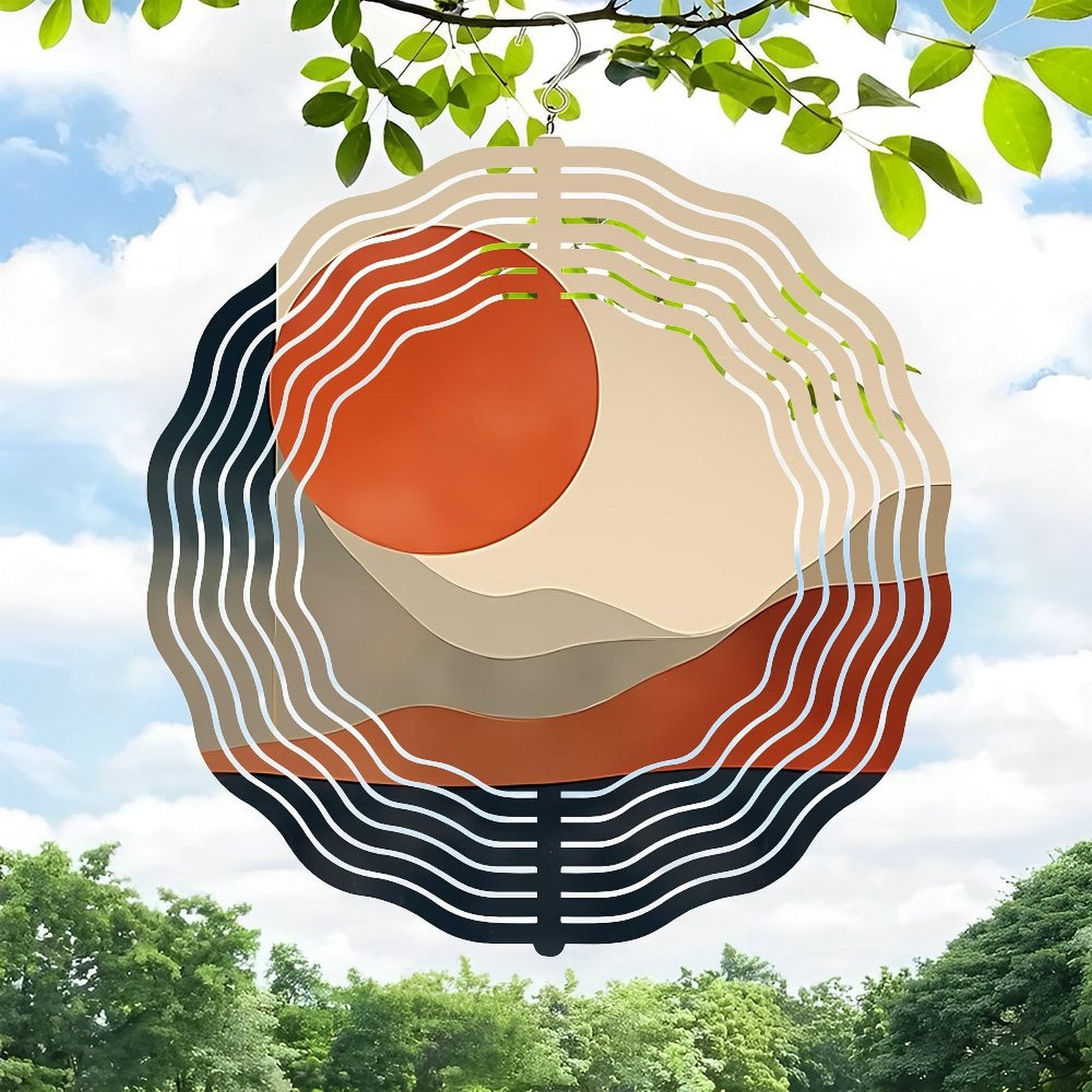3D Metal Hanging Wind Spinners - Earthy Tones with Stylized Sun & Wavy ...