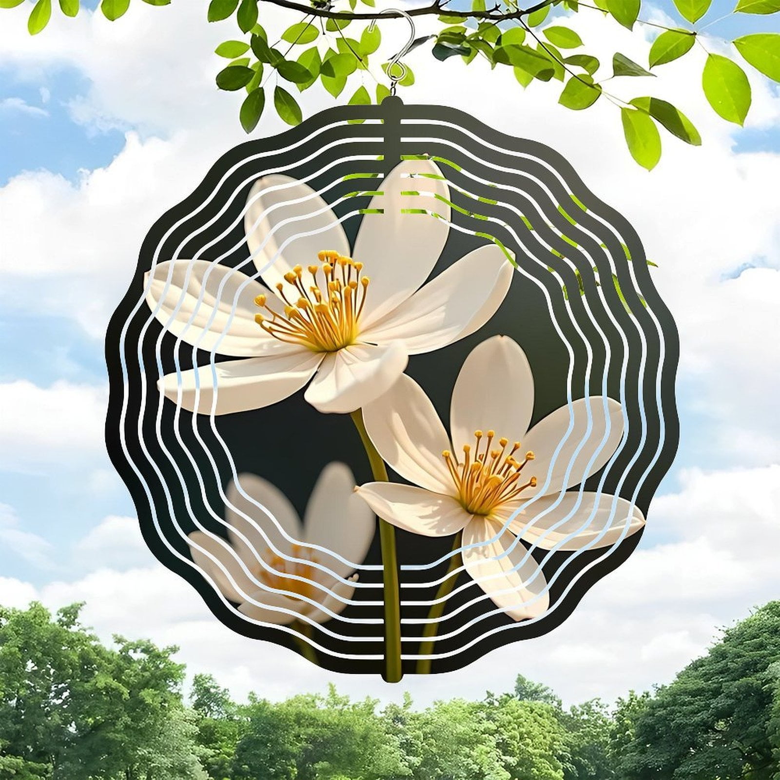 3D Metal Hanging Wind Spinners - Elegant Flower & Wave Pattern Design for Yard & Garden Decor ...