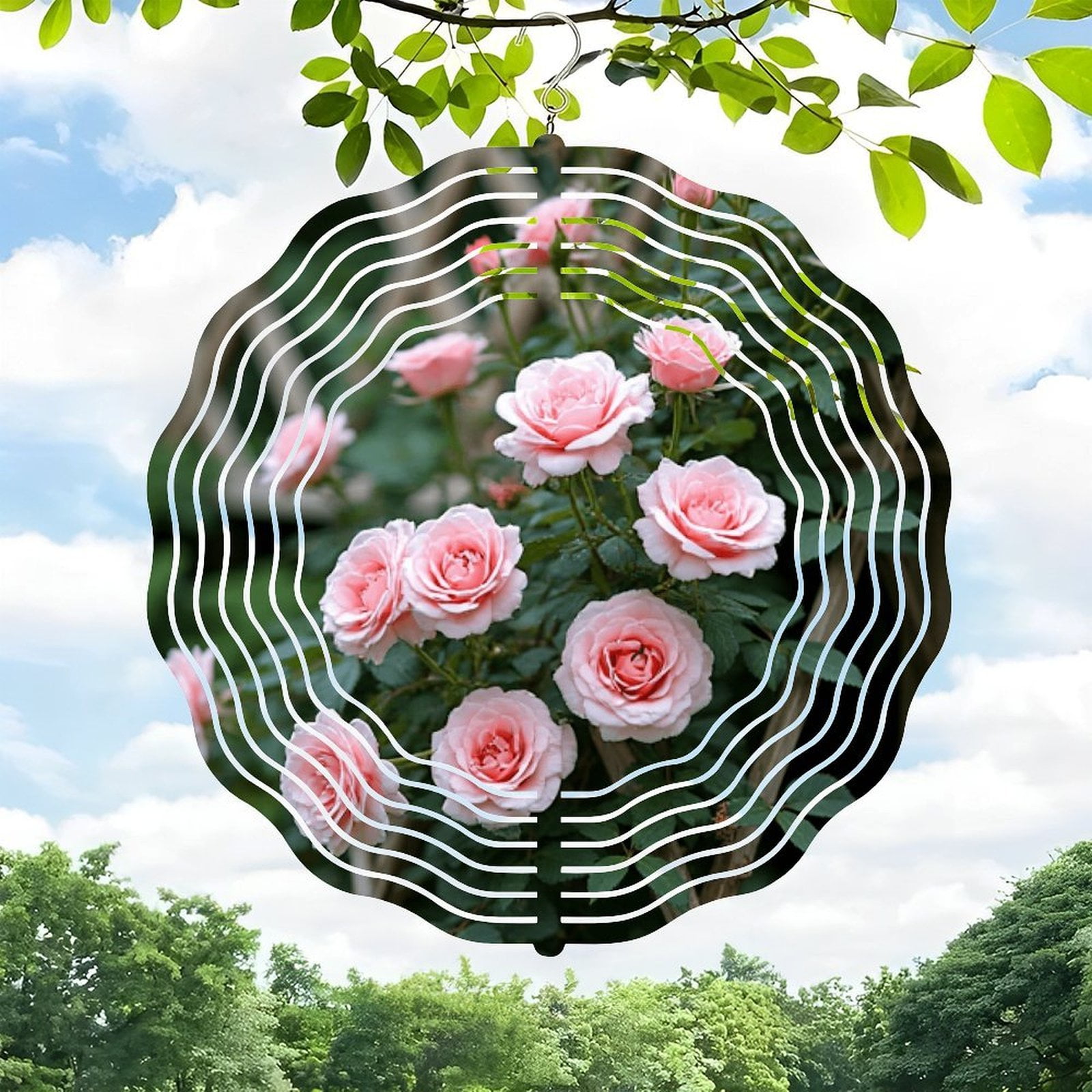 3D Metal Hanging Wind Spinners - Elegant Pink Roses Design with ...