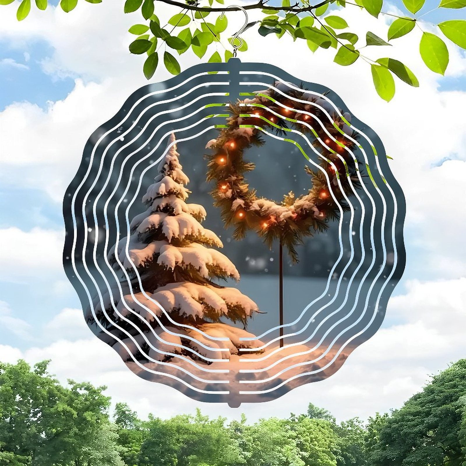 3D Metal Hanging Wind Spinners - Elegant Snow - Covered Trees Design ...