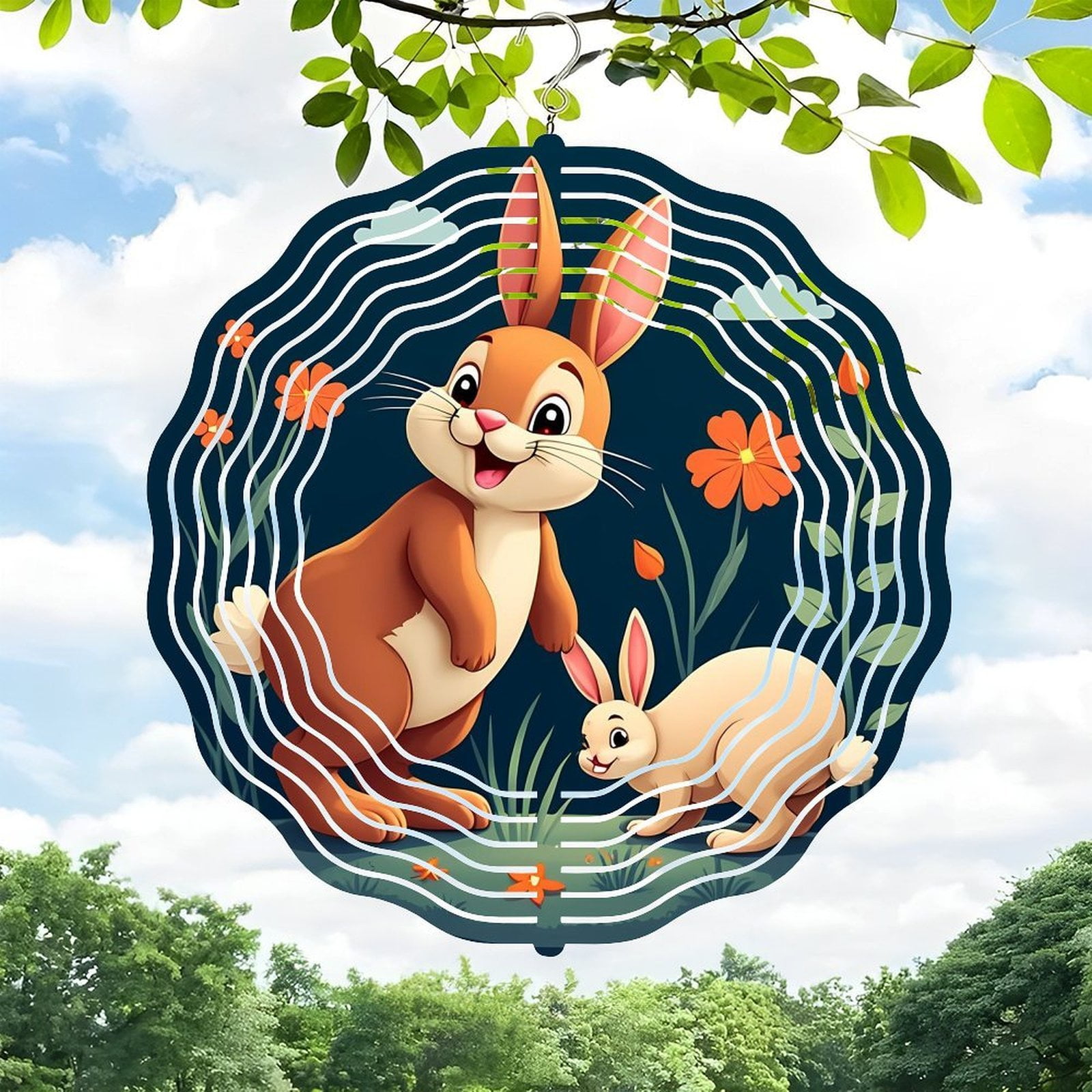 3D Metal Hanging Wind Spinners - Floral Design with Cartoon Rabbits for ...
