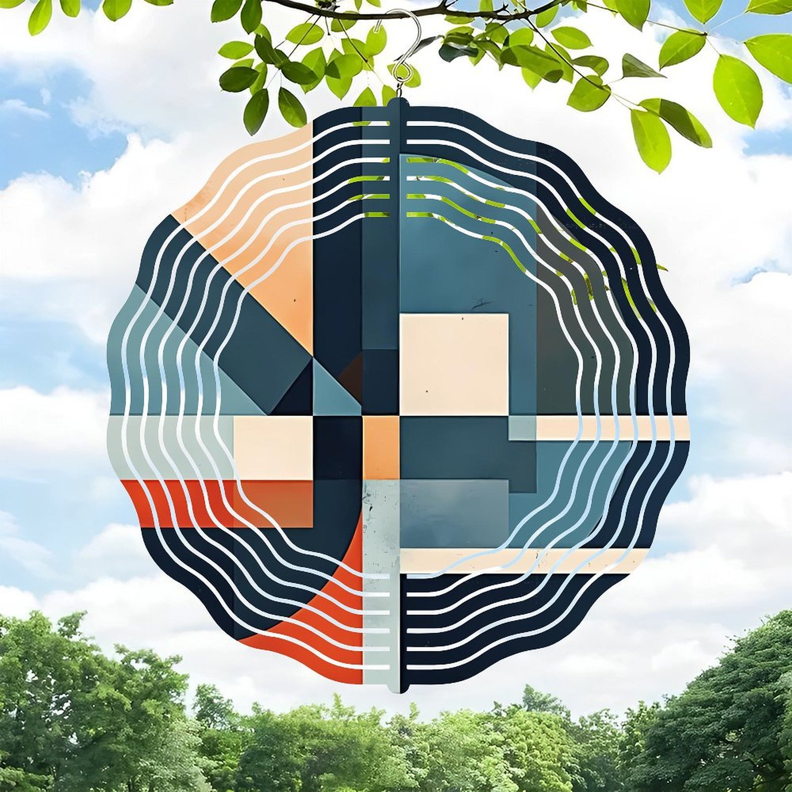 3D Metal Hanging Wind Spinners - Geometric Blue Orange & Beige Design ...