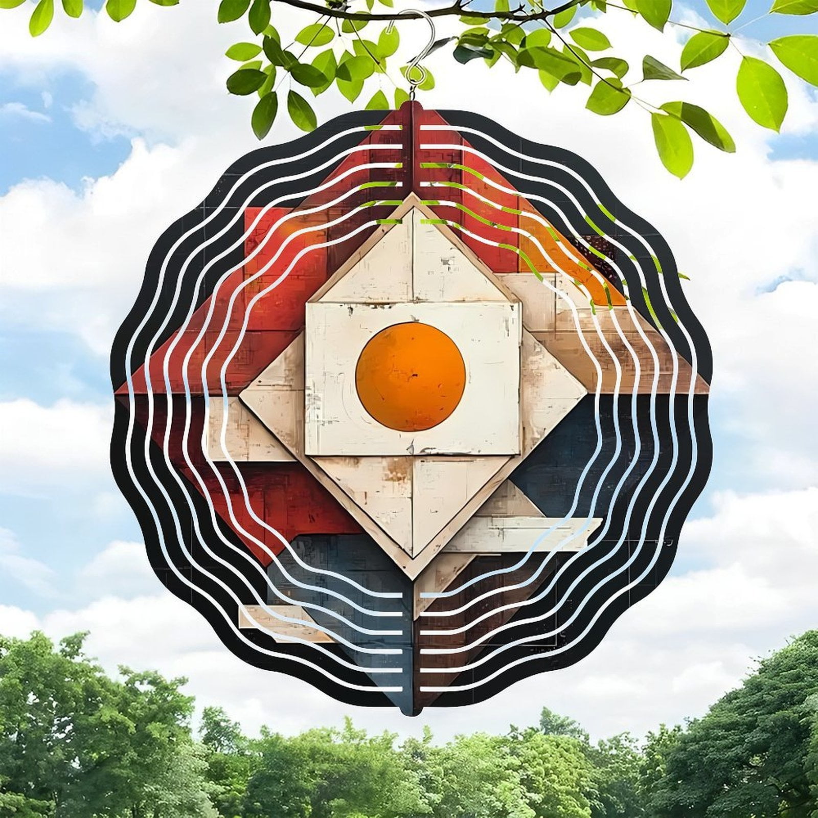 3D Metal Hanging Wind Spinners - Geometric Diamond Pattern with Orange ...
