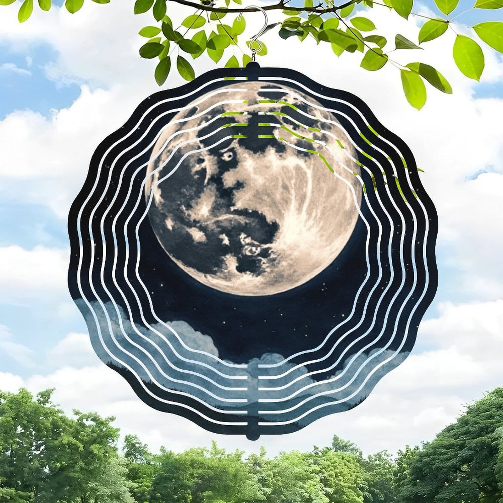 3D Metal Hanging Wind Spinners - Moon Design with Concentric White ...
