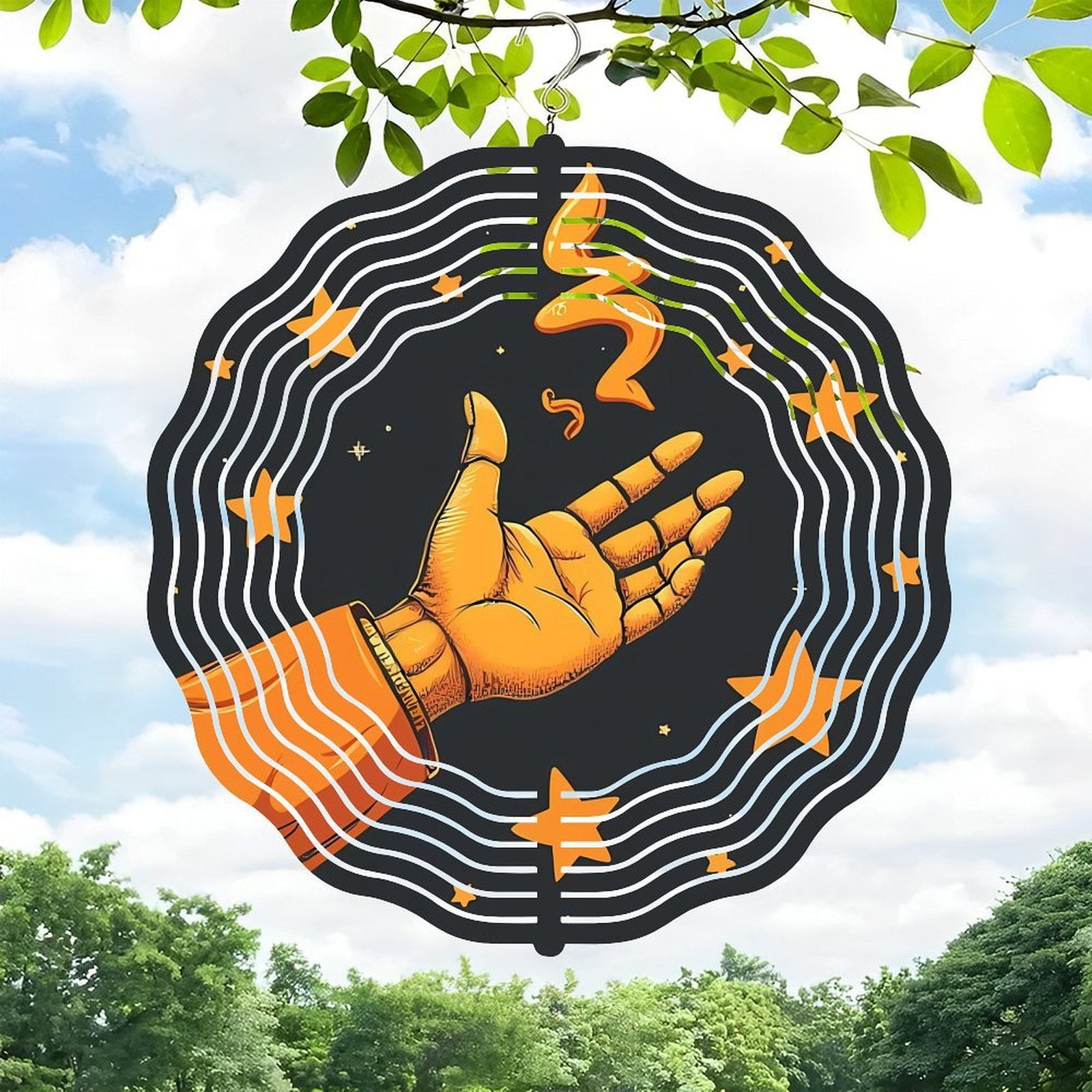 3D Metal Hanging Wind Spinners - Orange Hand Design with Concentric ...