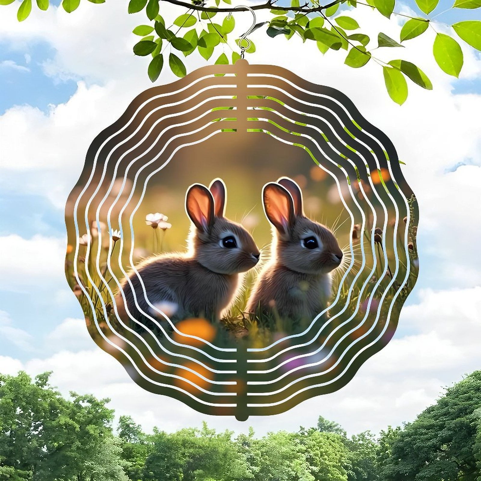 3D Metal Hanging Wind Spinners - Serene Rabbit Design with Floral ...