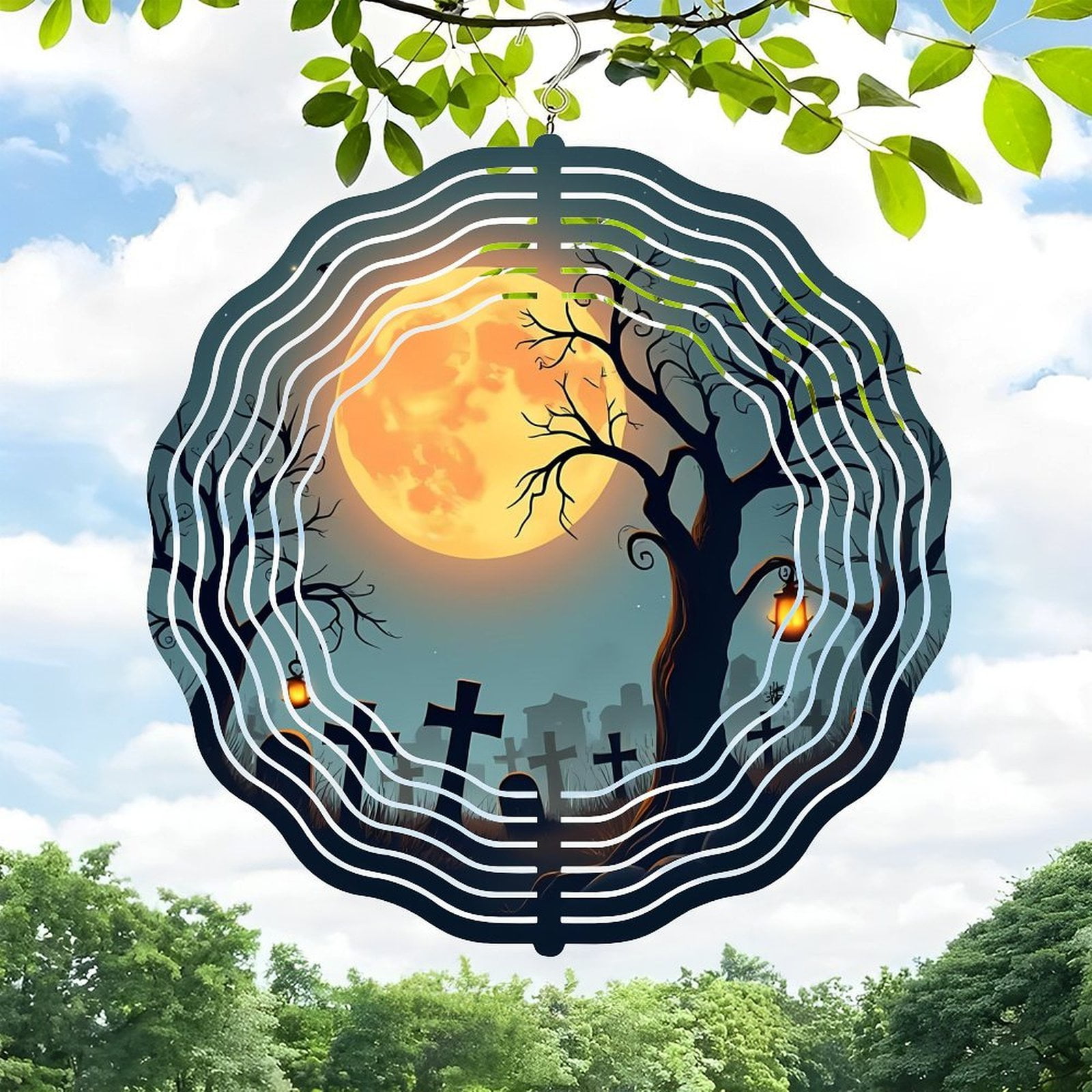 3D Metal Hanging Wind Spinners - Spiral Pattern Design with Full Moon ...