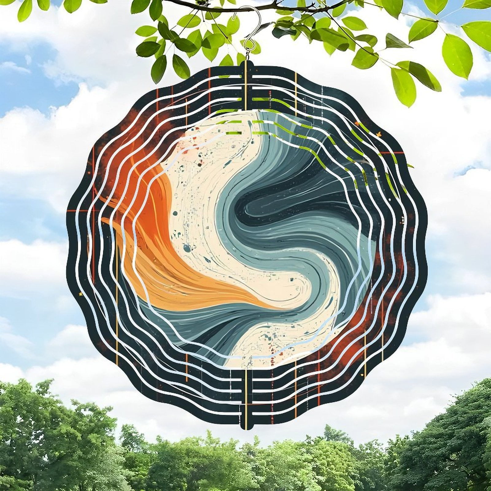 3D Metal Hanging Wind Spinners - Swirl Design with Orange to Blue ...