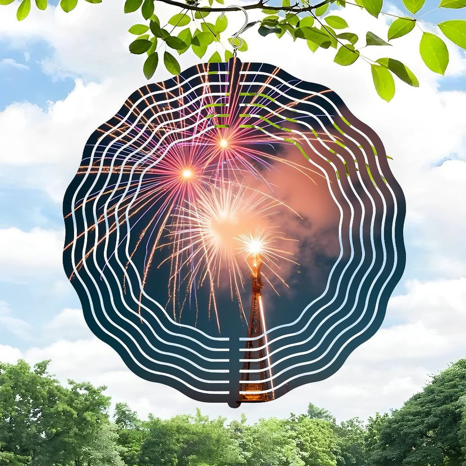 3D Metal Hanging Wind Spinners - Vibrant Fireworks Design with Sound ...