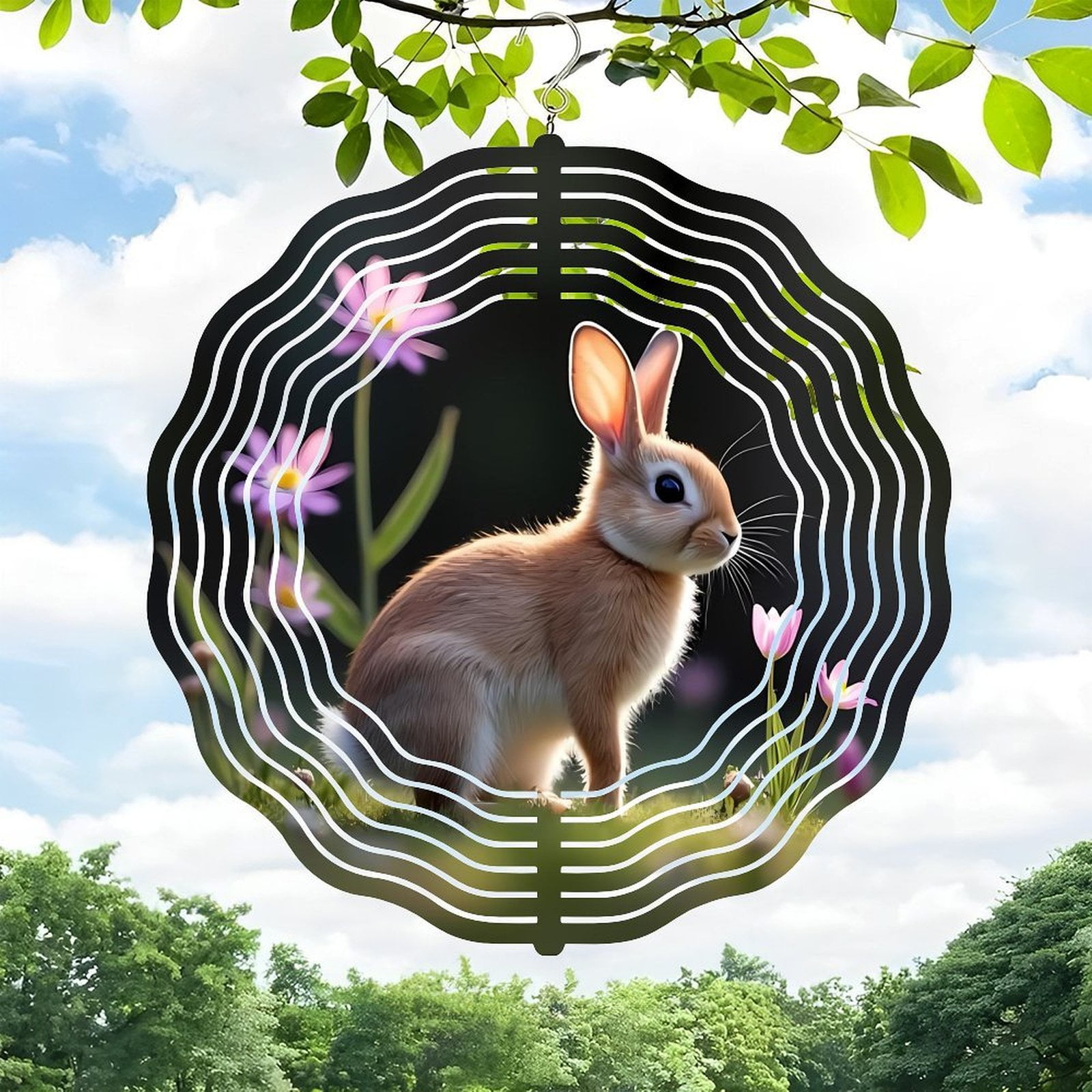 3D Metal Hanging Wind Spinners - Vibrant Rabbit Design with Concentric ...