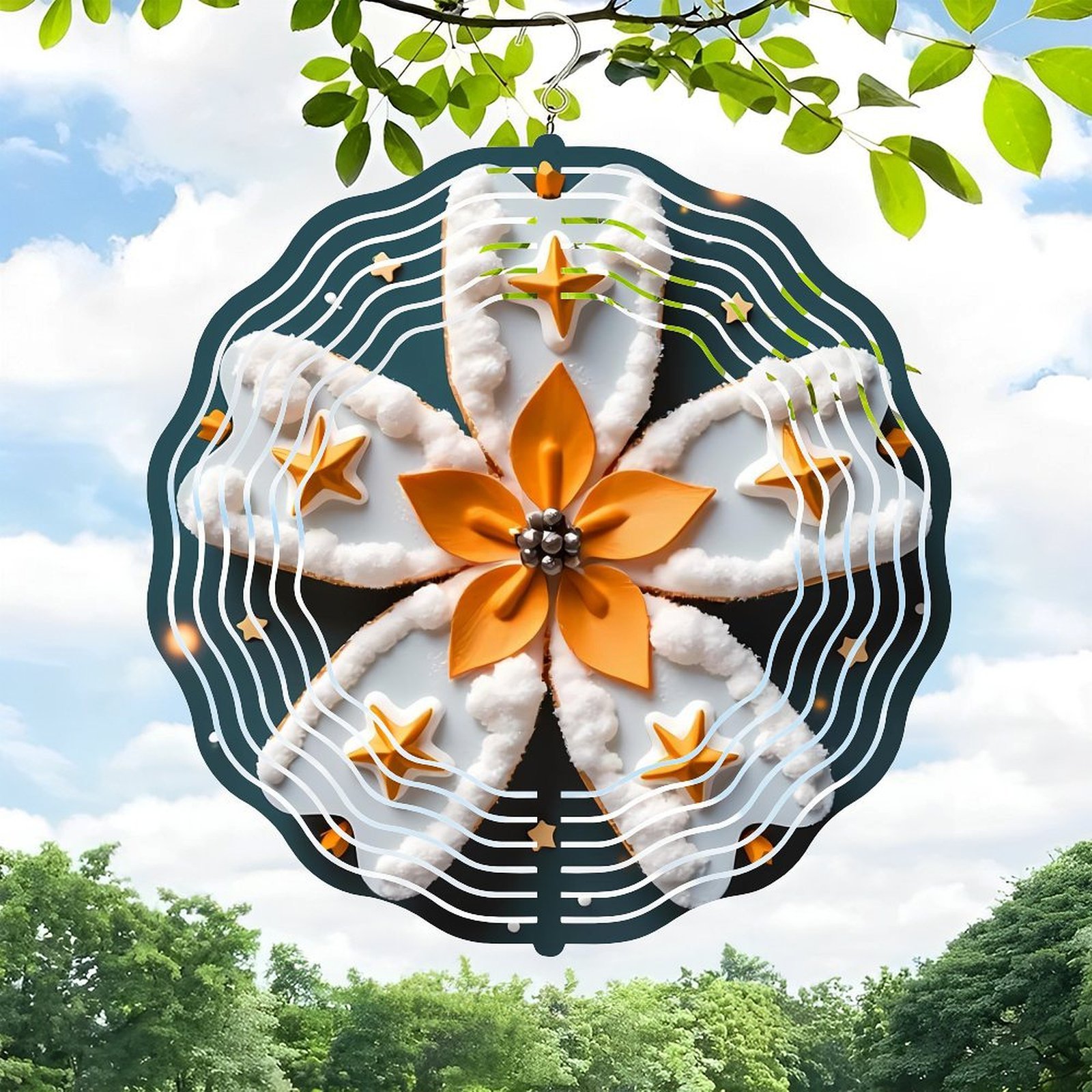 3D Metal Hanging Wind Spinners - Whimsical Flower Design with Orange ...
