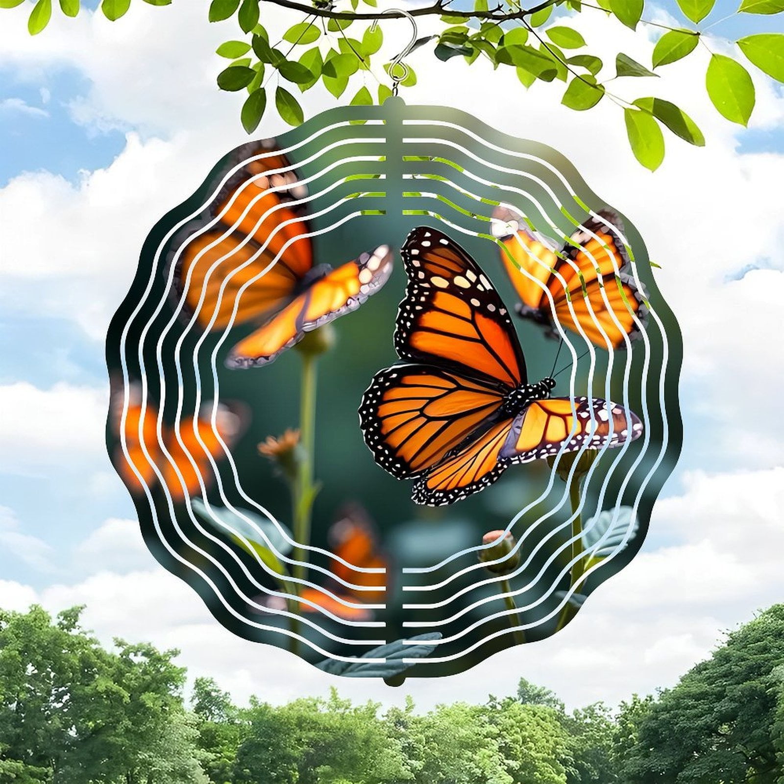 3D Metal Hanging Wind Spinners with Monarch Butterfly Design - Concentric Wave Pattern Wind ...