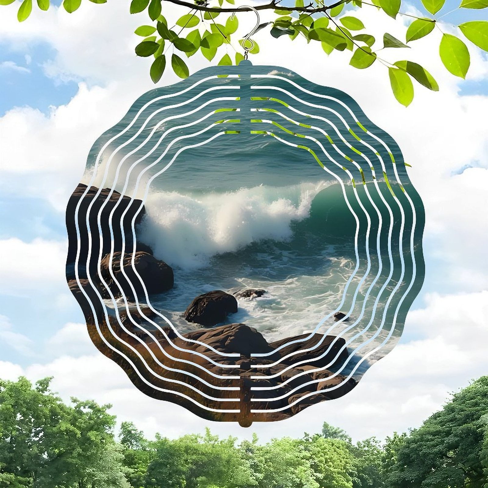 3D Metal Hanging Wind Spinners with Wavy Ocean Scene & Concentric ...