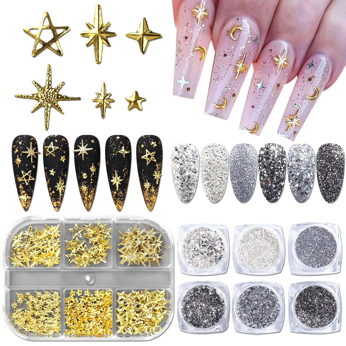 3D Metal Stars Nail Charms and Nail Art Flakes,Mixed Styles Gold ...