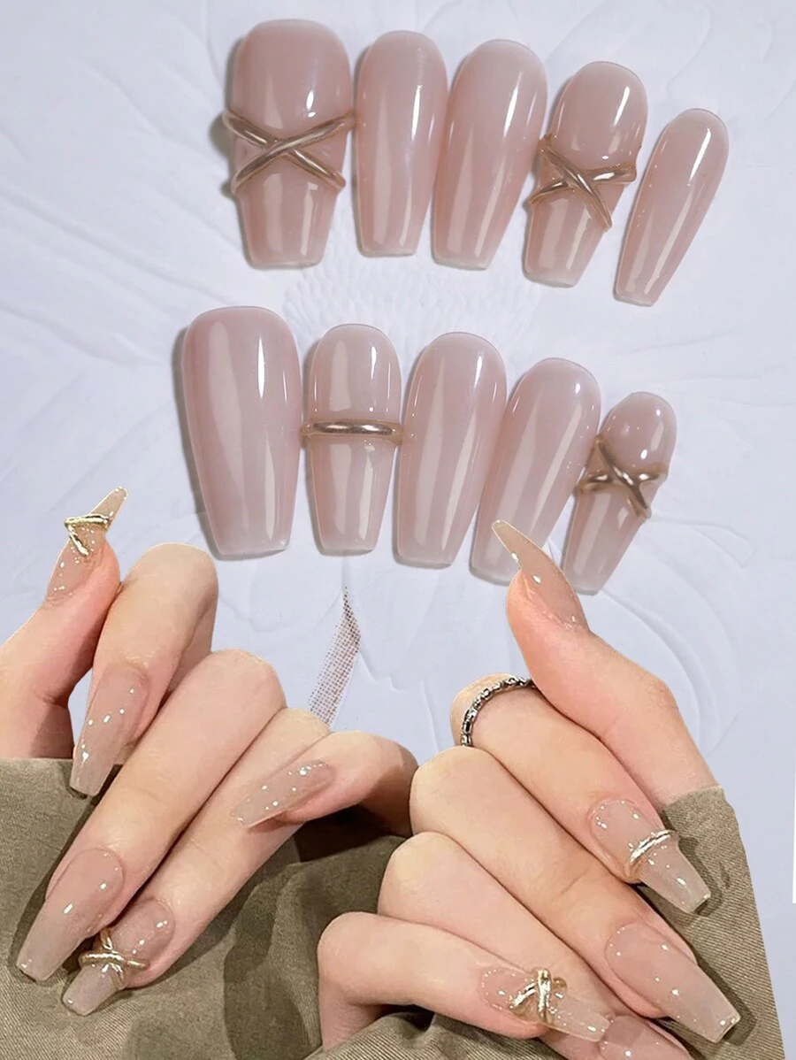 3D Metallic Line Press On Nails – Long Coffin Apricot & Nude Punk ...