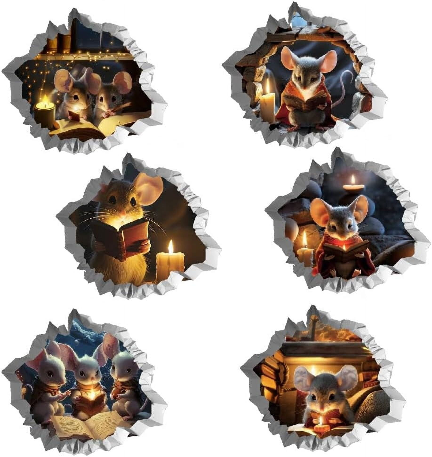 3D Mice Reading in Hole Wall Stickers Reading Mouse Wall Decor Vinyl ...