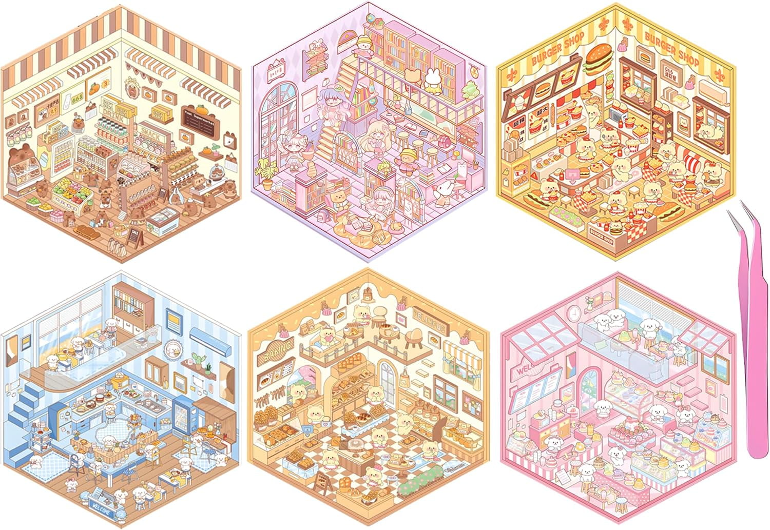 3D Miniature Sticker Scene, 6 Set 3D House Stickers Reusable Cartoon ...