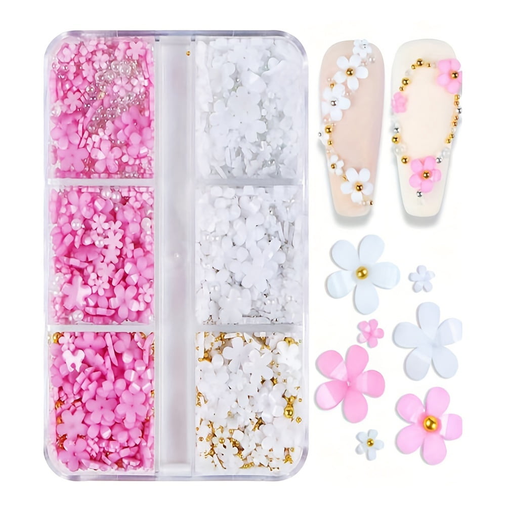 3D Mixed Pink And White Small Flower Nail Art Charms with Golden And ...
