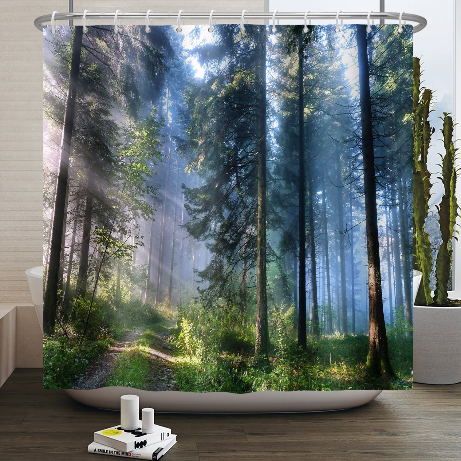 3D Modern Forest Shower Curtain Tree Nature Landscape Green Plants ...