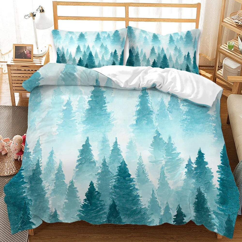 3D Mountain Forest Duvet Cover Set Snow Mountain Winter Theme King Size ...