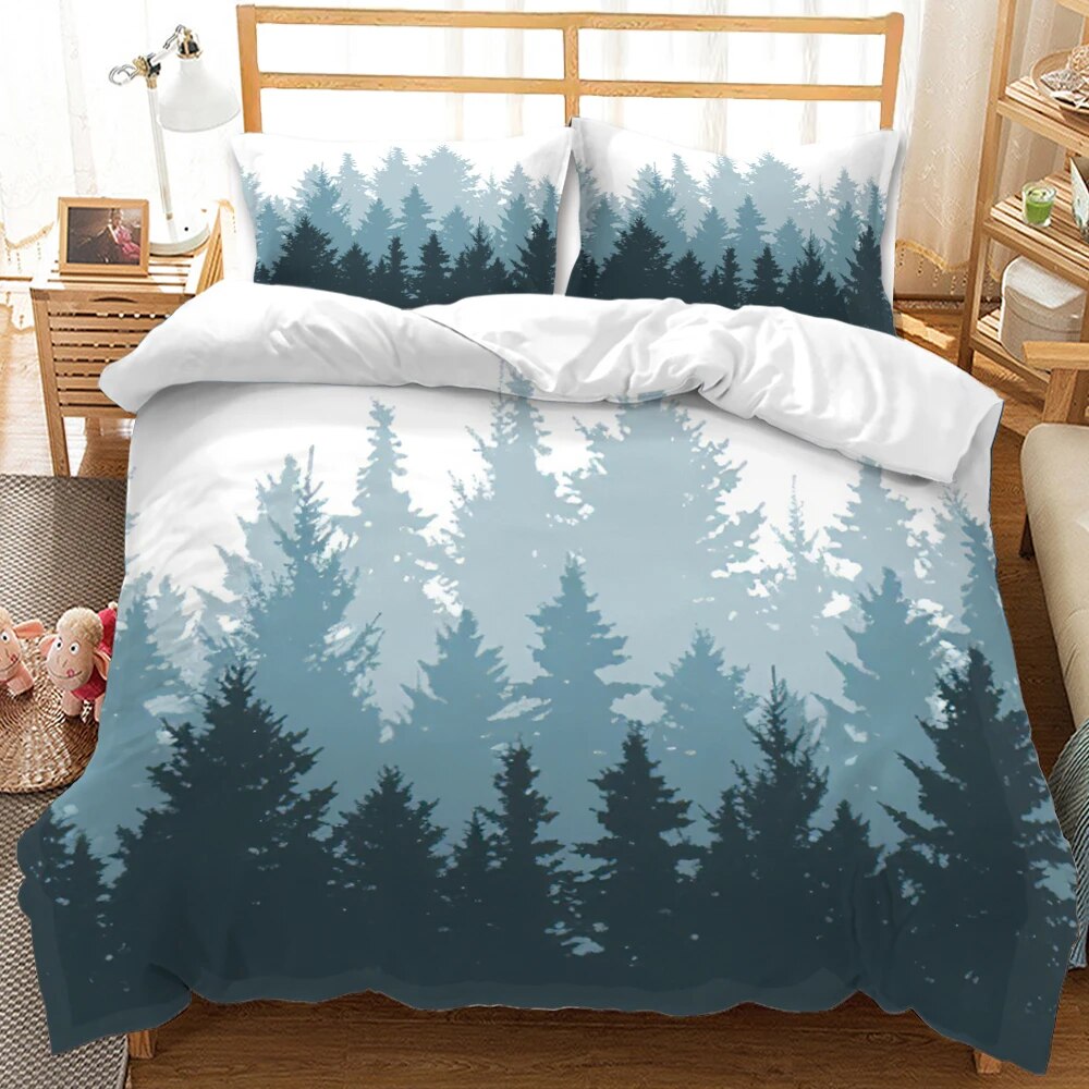 3D Mountain Forest Duvet Cover Set Snow Mountain Winter Theme King Size ...