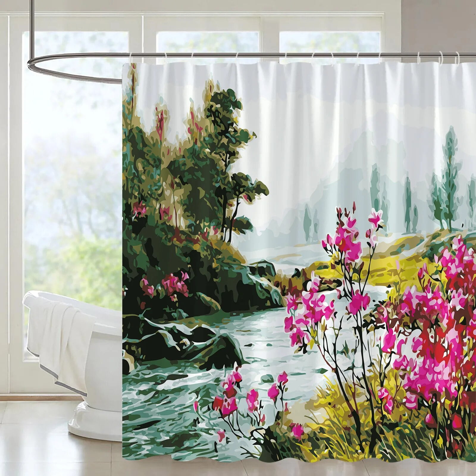 3D Mountain Stream Landscape Shower Curtain Set Flower Tree Natural ...