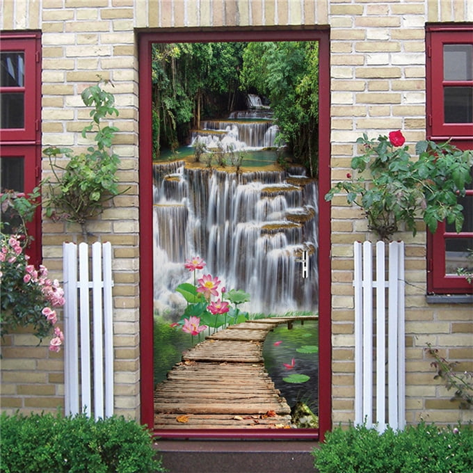 3D Mountain Stream Waterfall Door Sticker Home Design Wallpaper ...