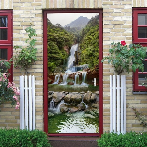 3D Mountain Stream Waterfall Door Sticker Home Design Wallpaper ...
