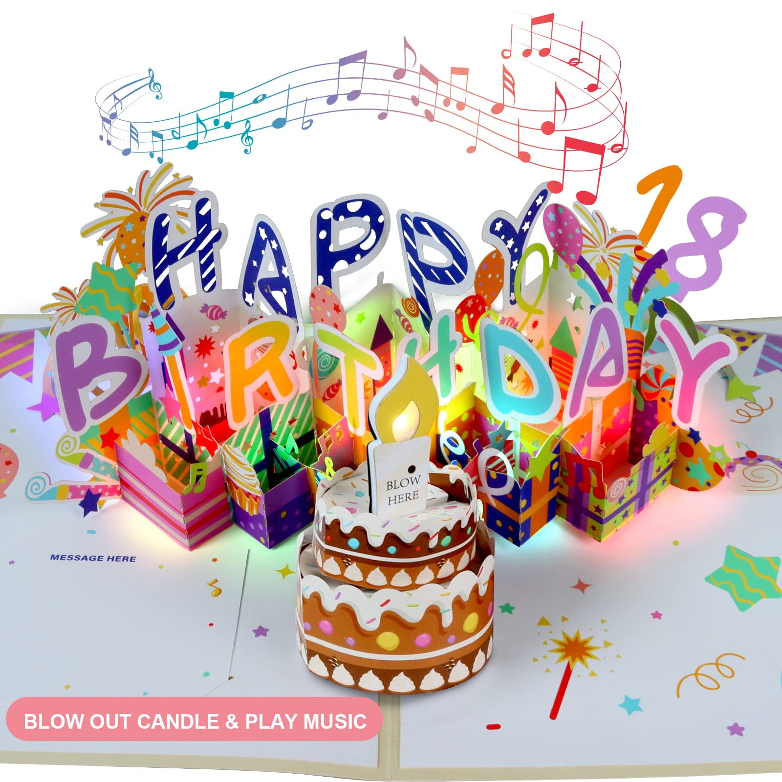 3D Musical Birthday Card, Blowable LED SMRLight Candle, 3D Birthday ...