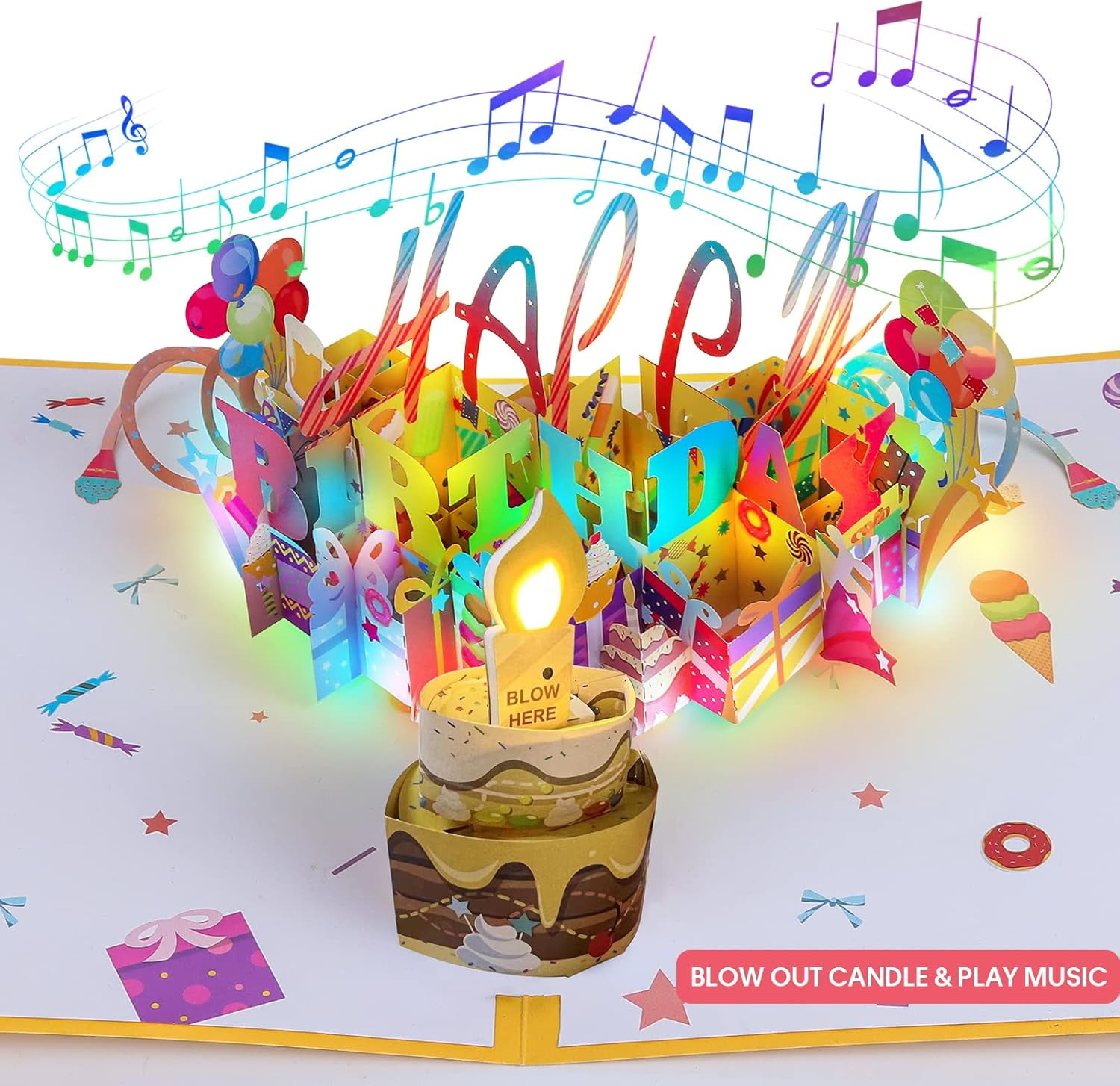 3D Musical Birthday Popup Card, Blowable/Blow Out LED Light Candle and ...
