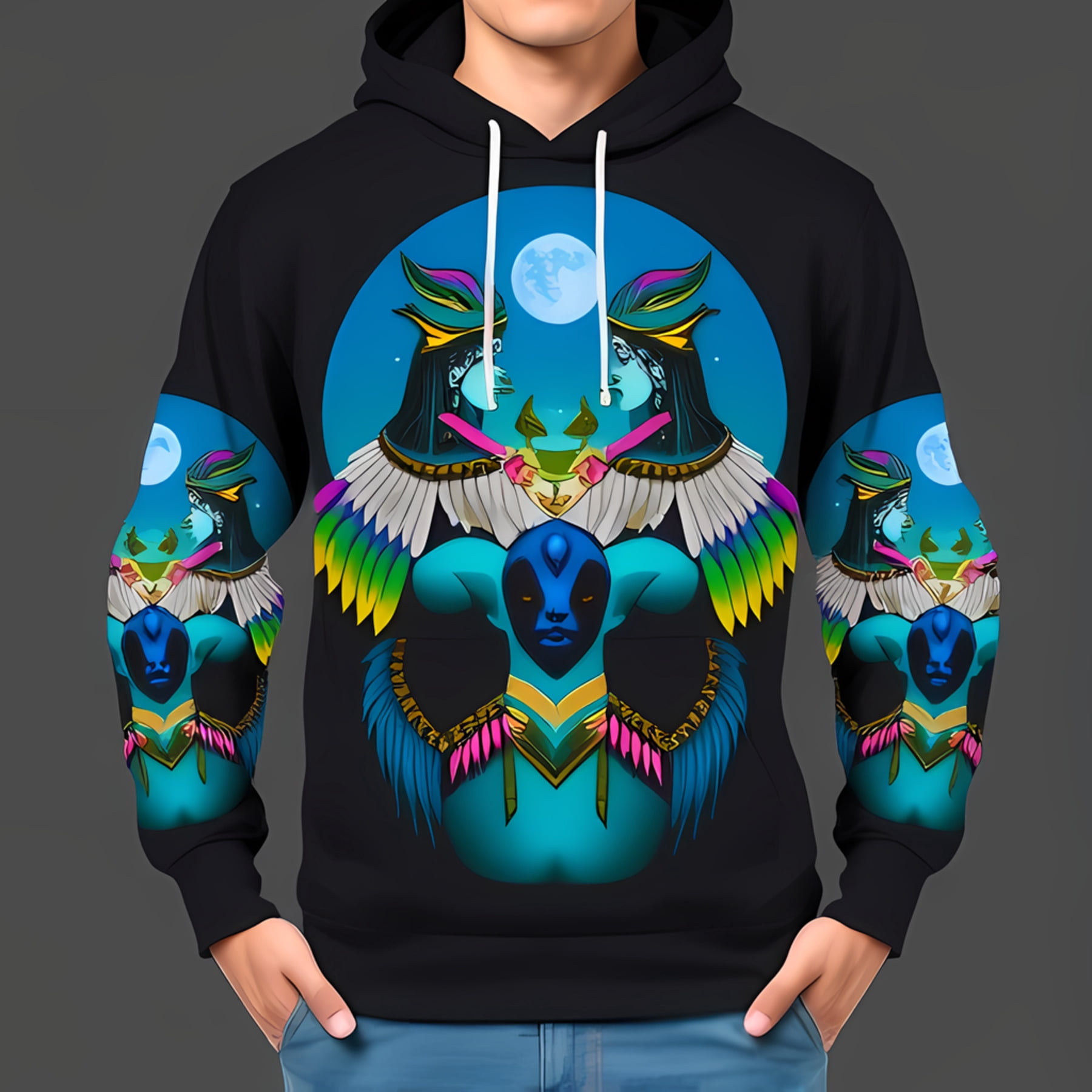 3D Mythological Black Hoodie with Colorful Ethereal Beings & Feathered ...