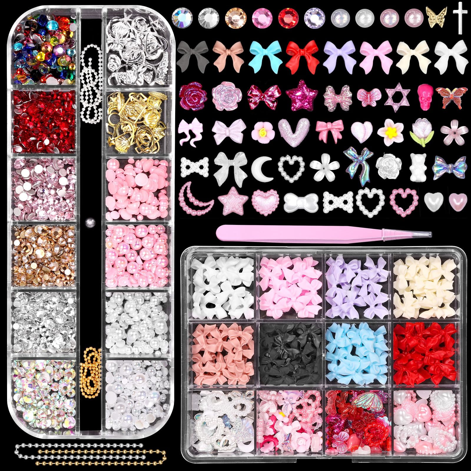 3D Nail Charms and Nail Rhinestones, Multi Color Bow Moon Heart Star ...