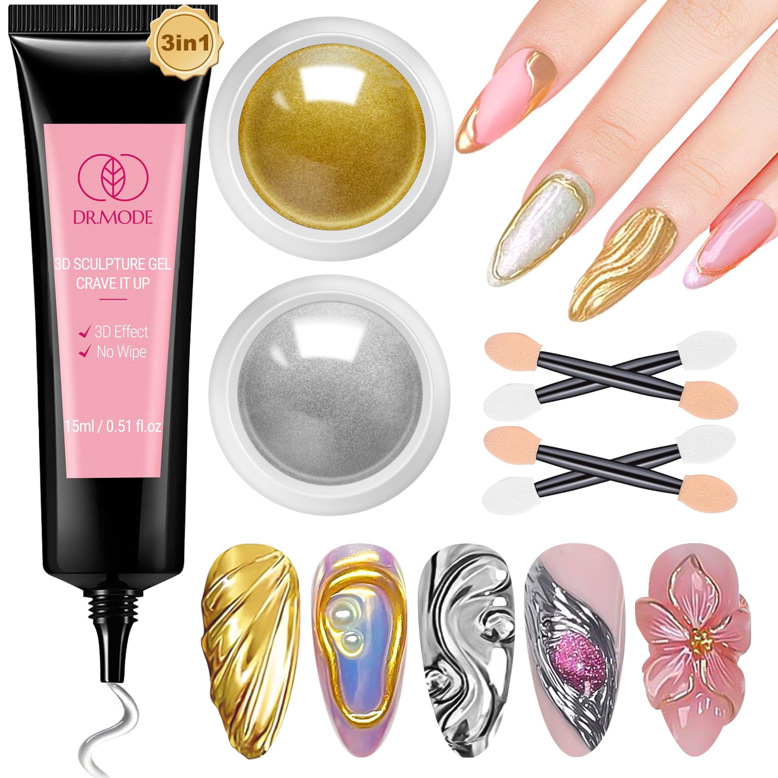 3D Nail Gel and TMA2 Chrome Nail Powder Kit, 1 No Wipe Clear 3D ...