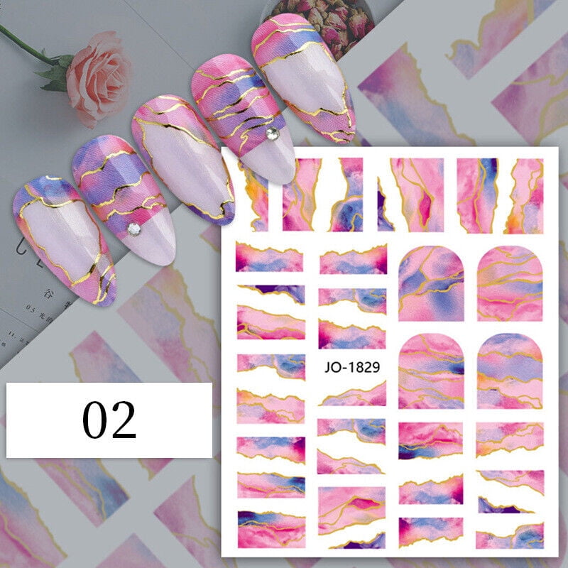 3D Nail Stickers Blue Green Marble Gold Flake Line Nail Art Decals ...
