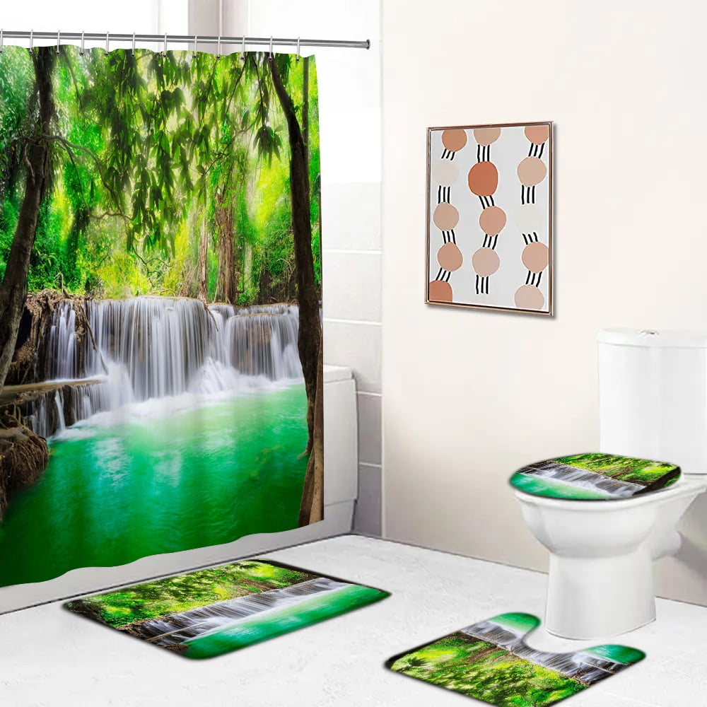 3D Natural Forest Toilet Cover Bath Mat Sets Waterfall landscape Print ...