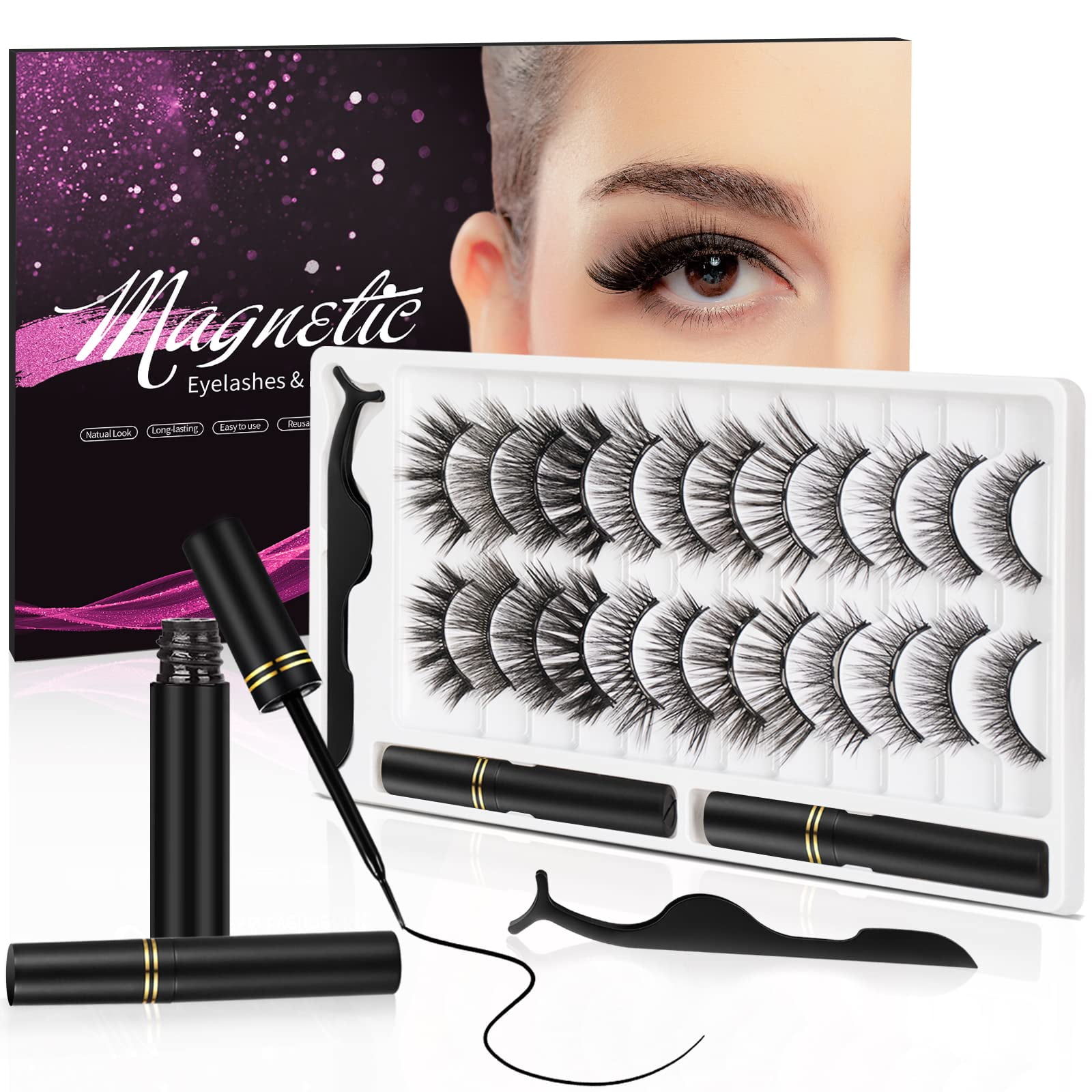 3D Natural Magnetic Eyelashes AIF9 with Eyeliner Kit, Lightweight ...