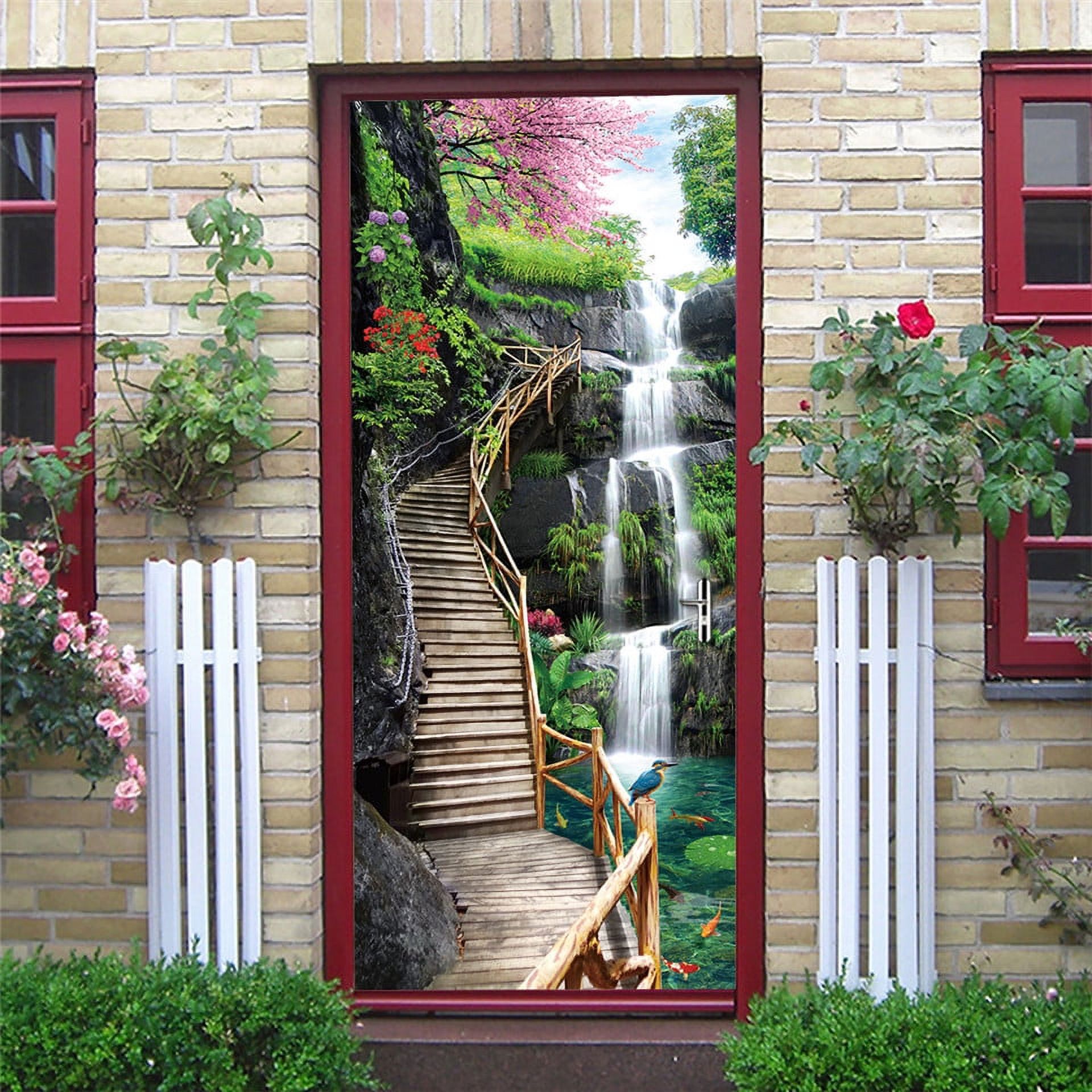 3D Natural Scenery Door Wallpaper Self-Adhesive Jungle Forest Stickers ...