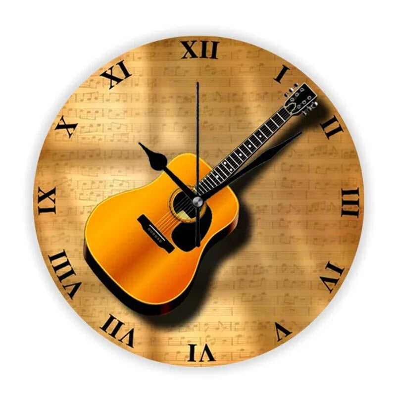 3D Natural Wood Look Acoustic Guitar Wall Clock Elegant Player Watch ...