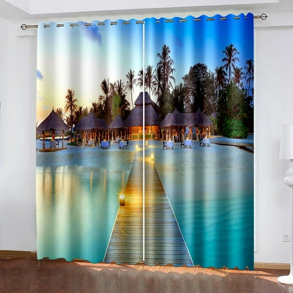 3D Nature Landscape Blue Sand Beach Sea Palm Leaves Shading Polyester ...