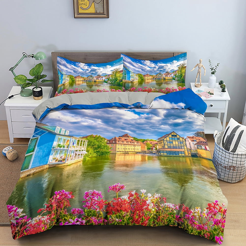3D Nature Landscape King Duvet Cover Flowers Green Leaves Bedding Set ...