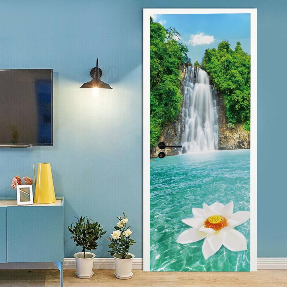 3D Nature Waterfall Door Stickers Fall Wallpaper Mountain River ...