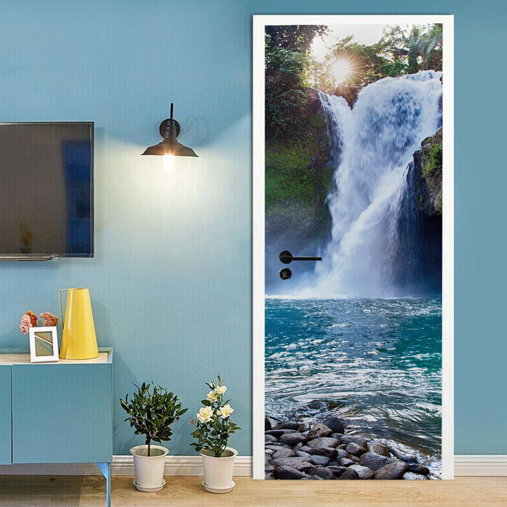 3D Nature Waterfall Door Stickers Fall Wallpaper Mountain River ...